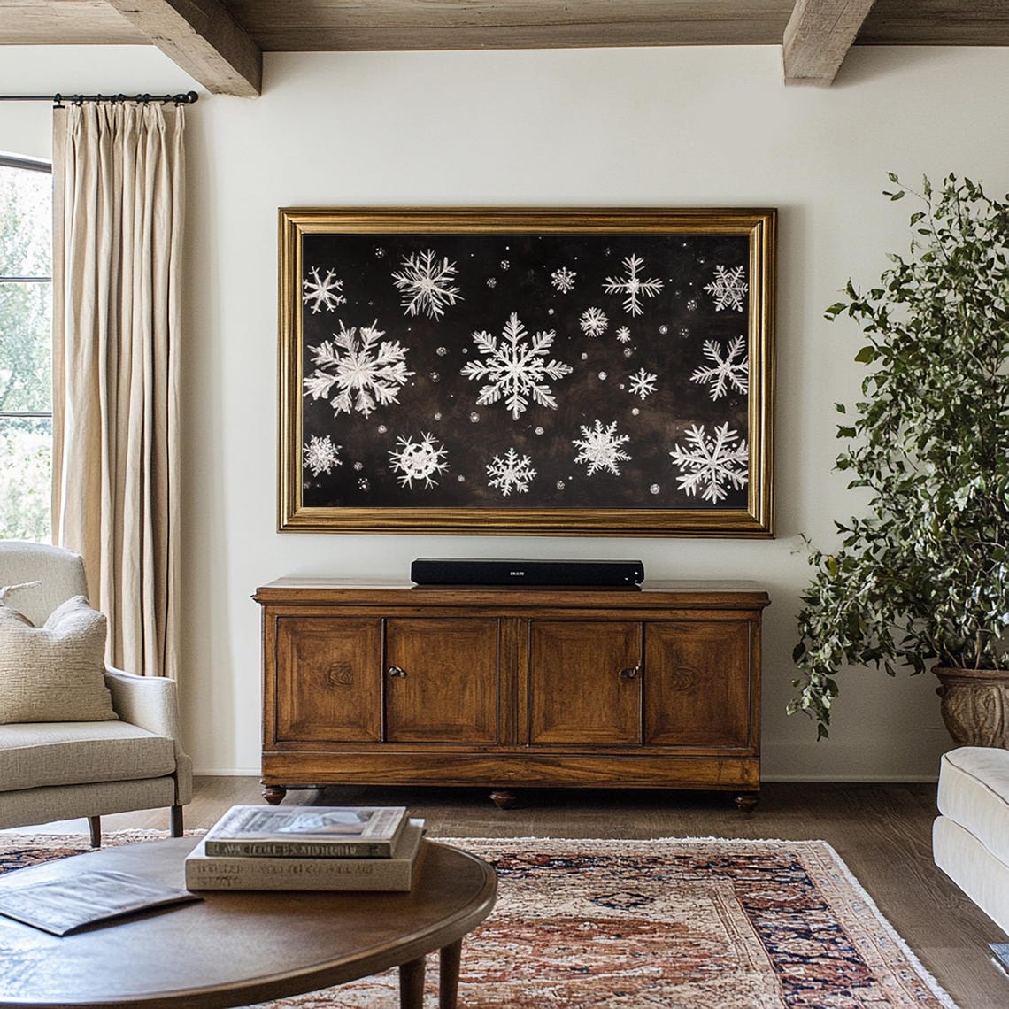 Moody Snowflakes Frame TV Art | White Snowflake Oil Painting | Rustic ...