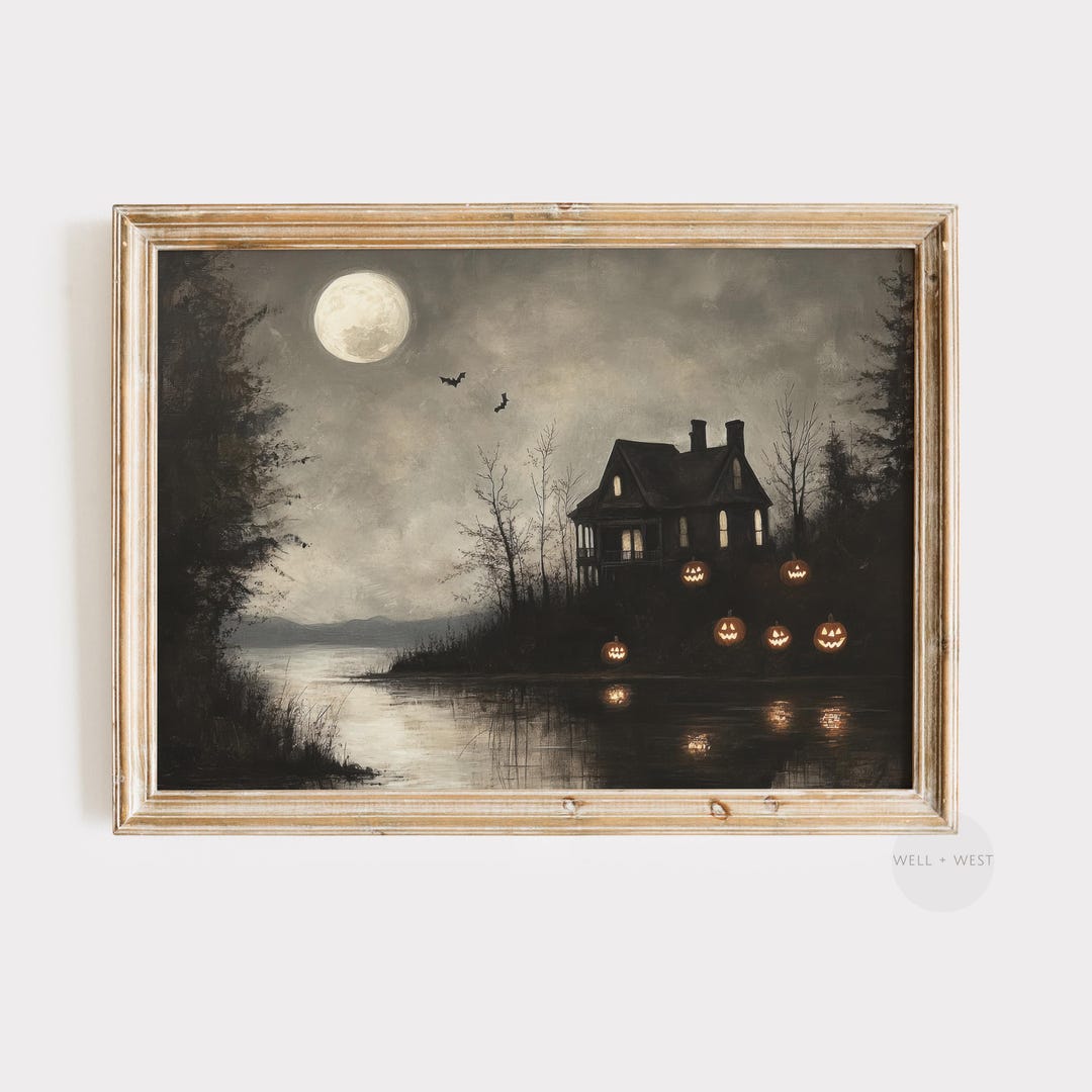 Halloween Haunted House Print | Vintage Style Painting | Spooky Pumpkin ...