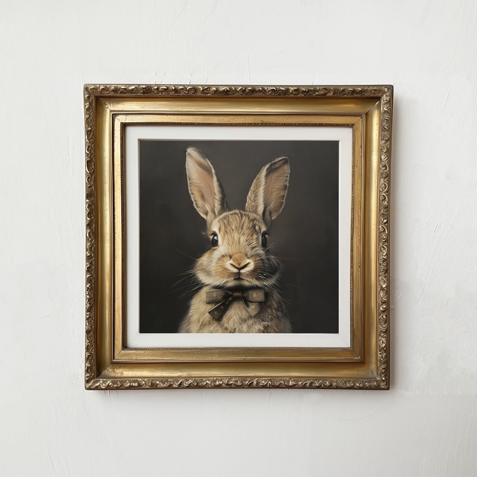 Bunny Art Print Vintage Rabbit Bow Tie Wall Art Antique Oil Painting ...