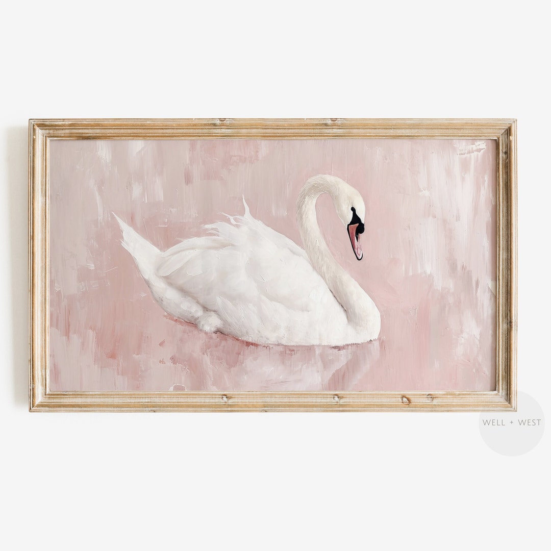 White Swan Frame TV Art Pastel Pink Swan Painting Vintage Style Spring ...
