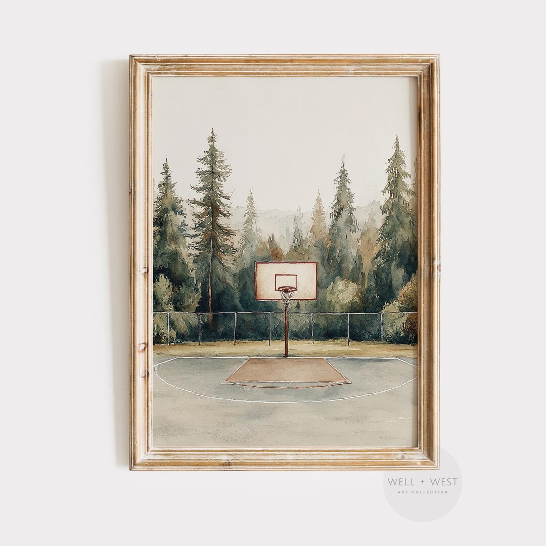 Basketball Court Art Print Digital Watercolor Wall Decor Sports Themed ...