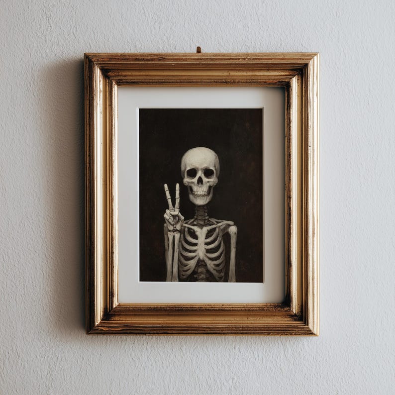 Skeleton Print | Vintage Style Skeleton Peace Sign Painting | Halloween ...