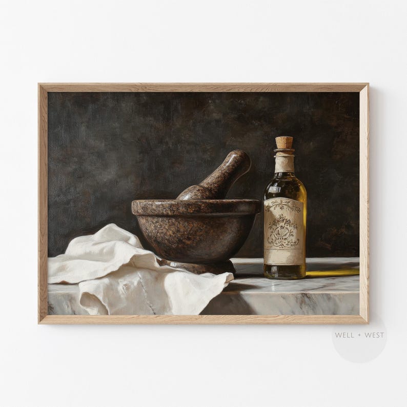 Moody Kitchen Print | Mortar & Pestle Painting | Olive Oil Printable ...