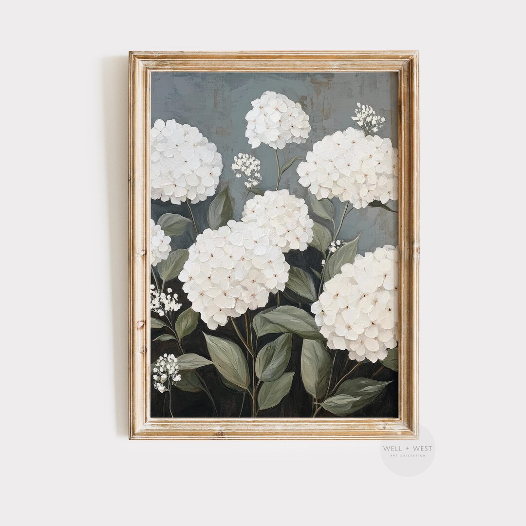 White Hydrangea Print | Floral Painting | Muted Blue Rustic Flower Art ...