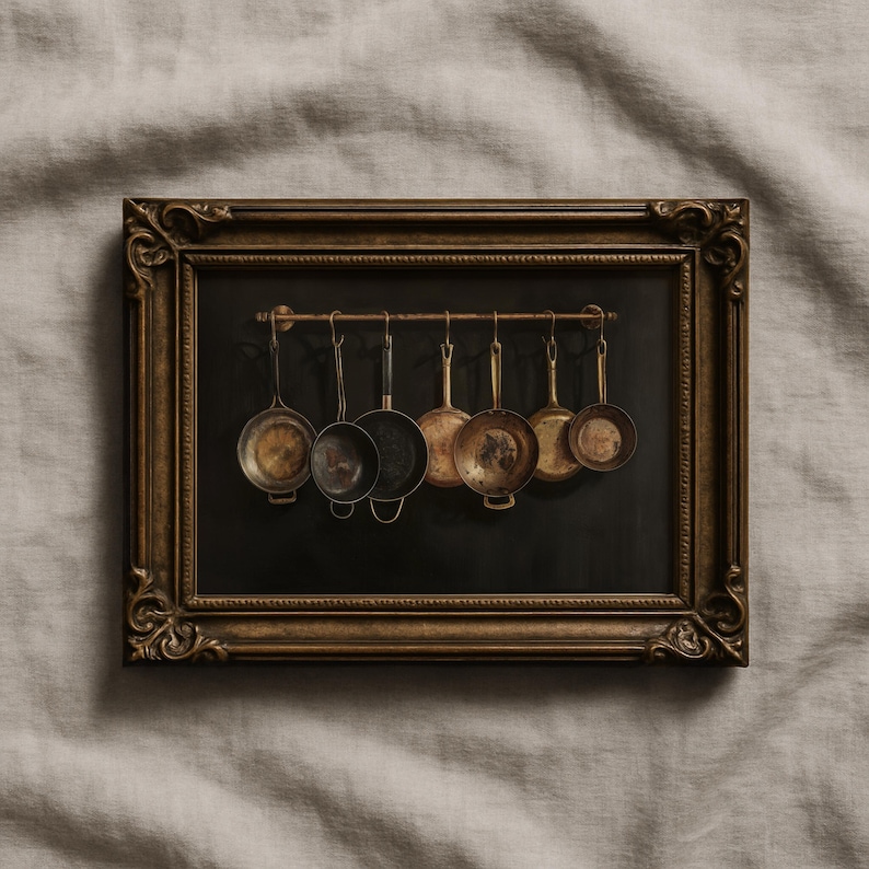 Country Kitchen Print | Moody Kitchen Pans Oil Painting | Vintage Still ...