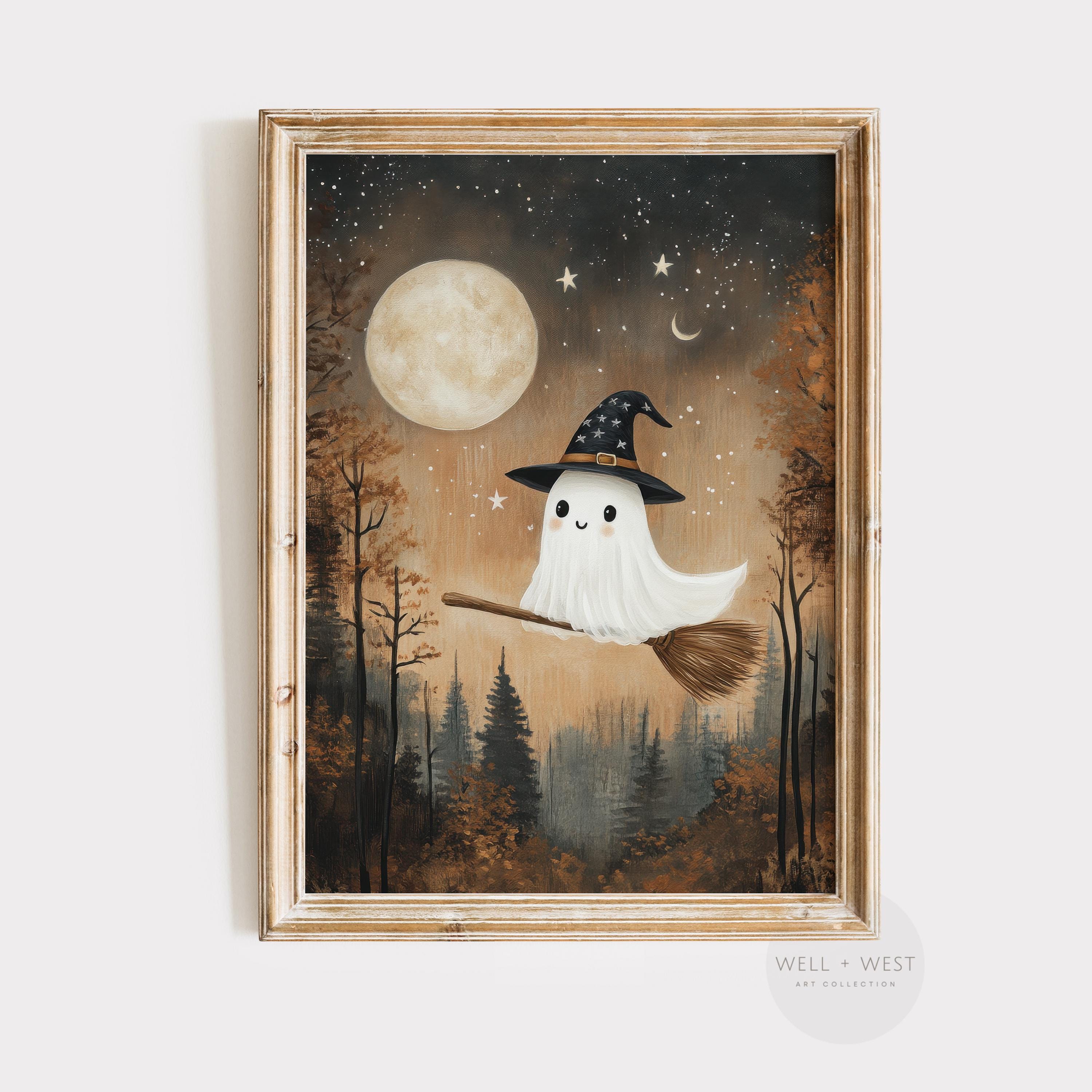 Cute Ghost Print | Vintage Style Ghost on Broomstick Painting ...
