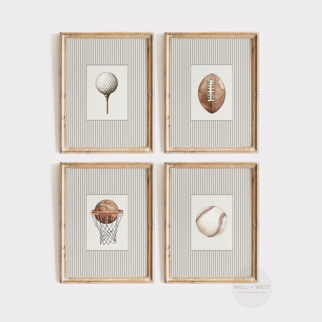 Set of Four Sports Ball Prints | Vintage Style Illustration | Baseball ...