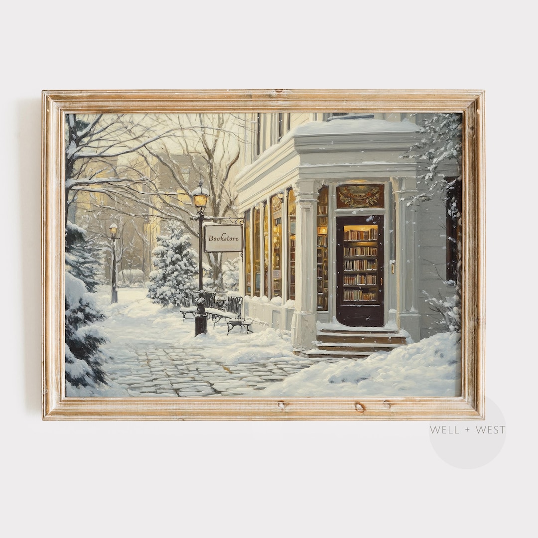 Winter Book Shop Print | Vintage Style Winter Bookstore | Reading Nook ...