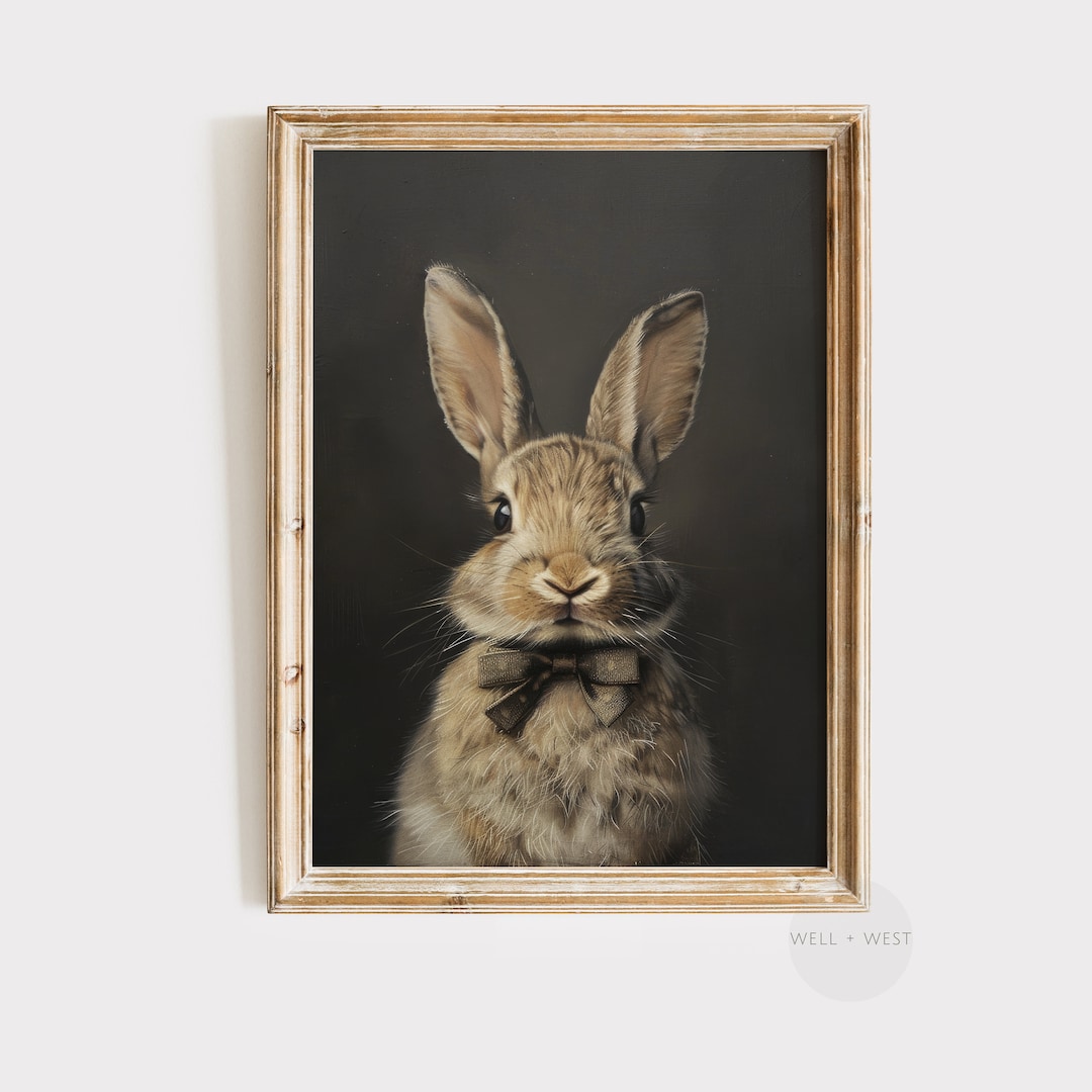 Bunny Art Print | Vintage Rabbit Bow Tie Wall Art | Antique Oil ...