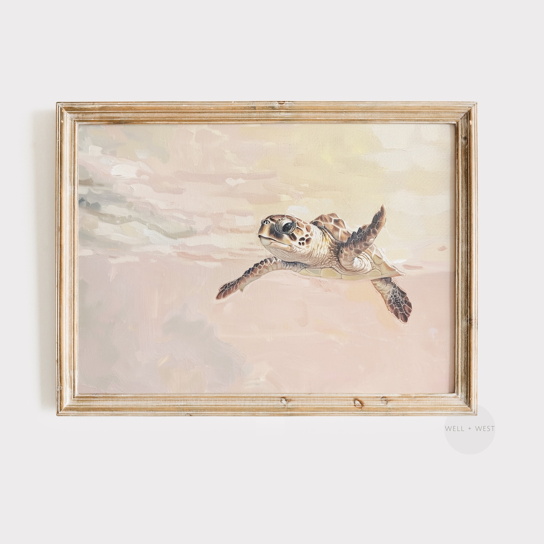 Sea Turtle Oil Painting Pastel Pink Print Beach House Decor Vintage ...