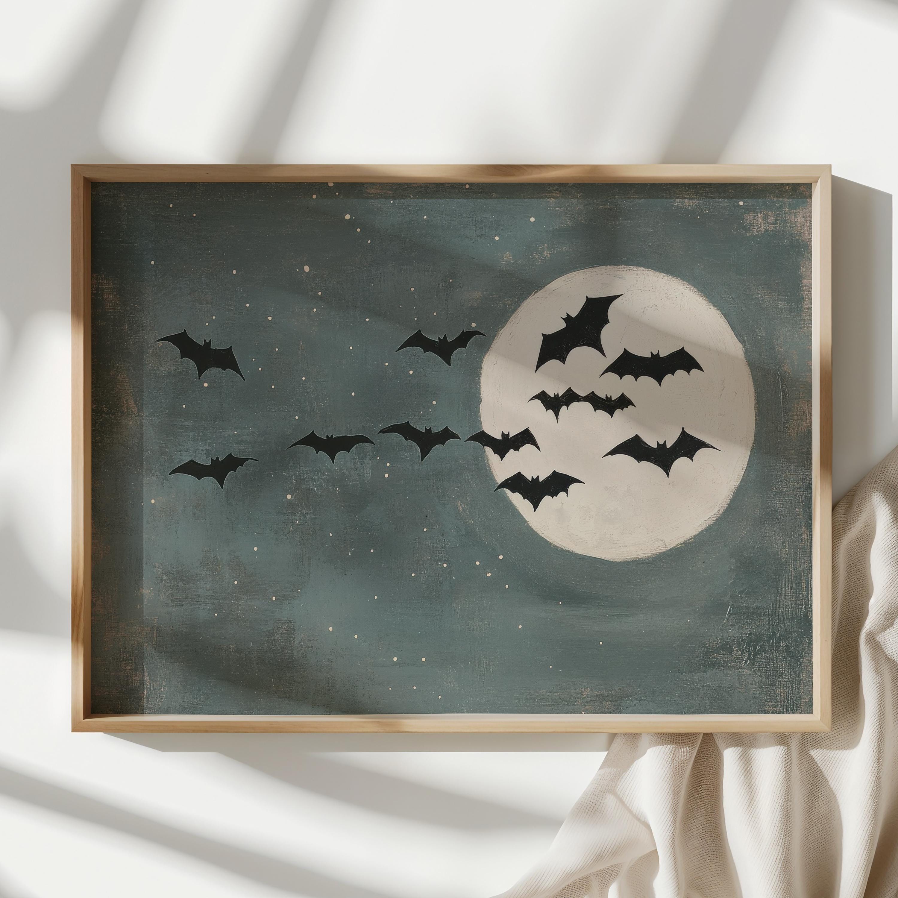 Bats Print | Halloween Full Moon Painting | Muted Blue Sky | Antique ...