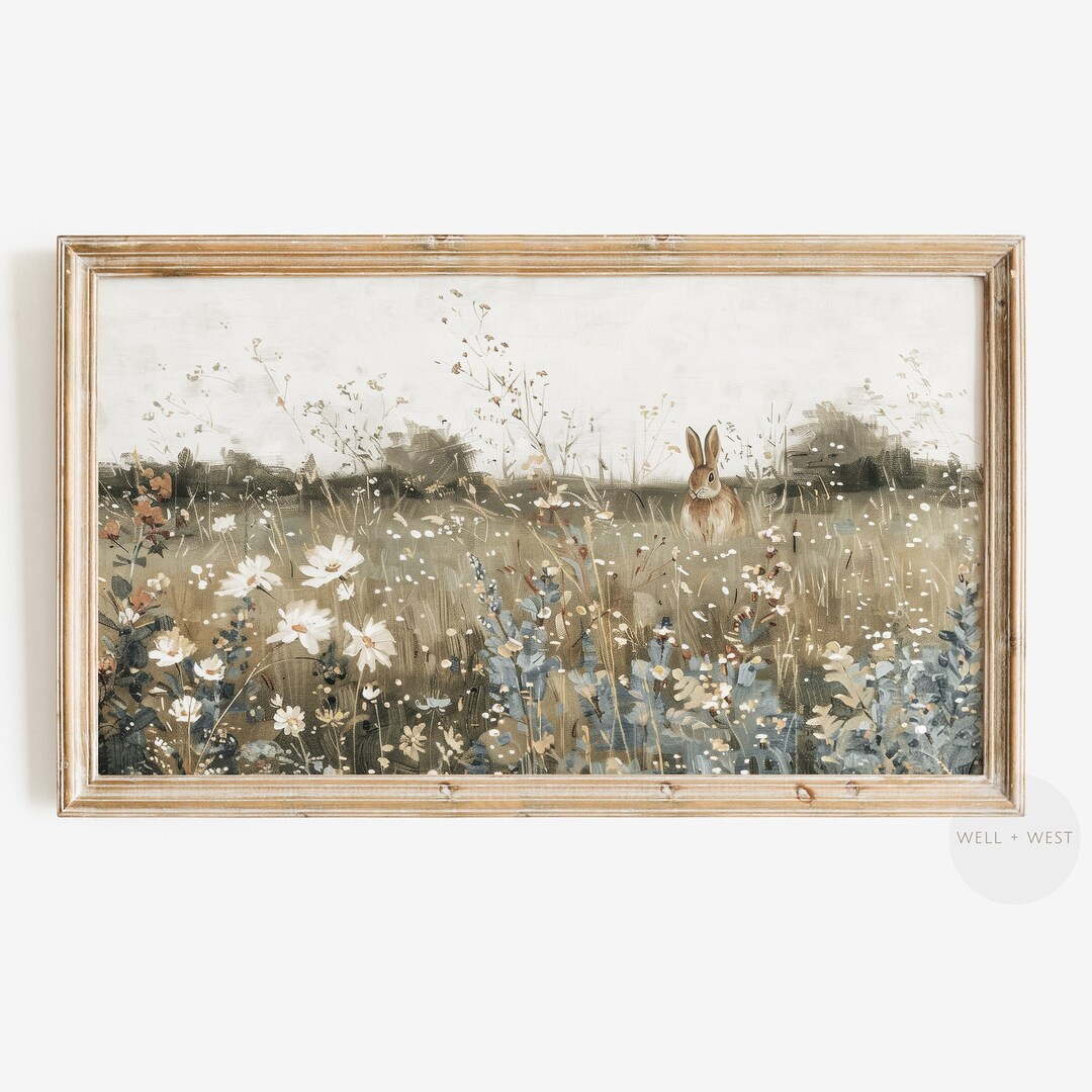 Rabbit Frame TV Art | Vintage Style Wildflower Field Painting | Spring ...