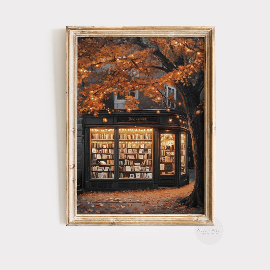 Autumn Bookstore Print | Moody Rustic Art | Cozy Fall Book Shop ...