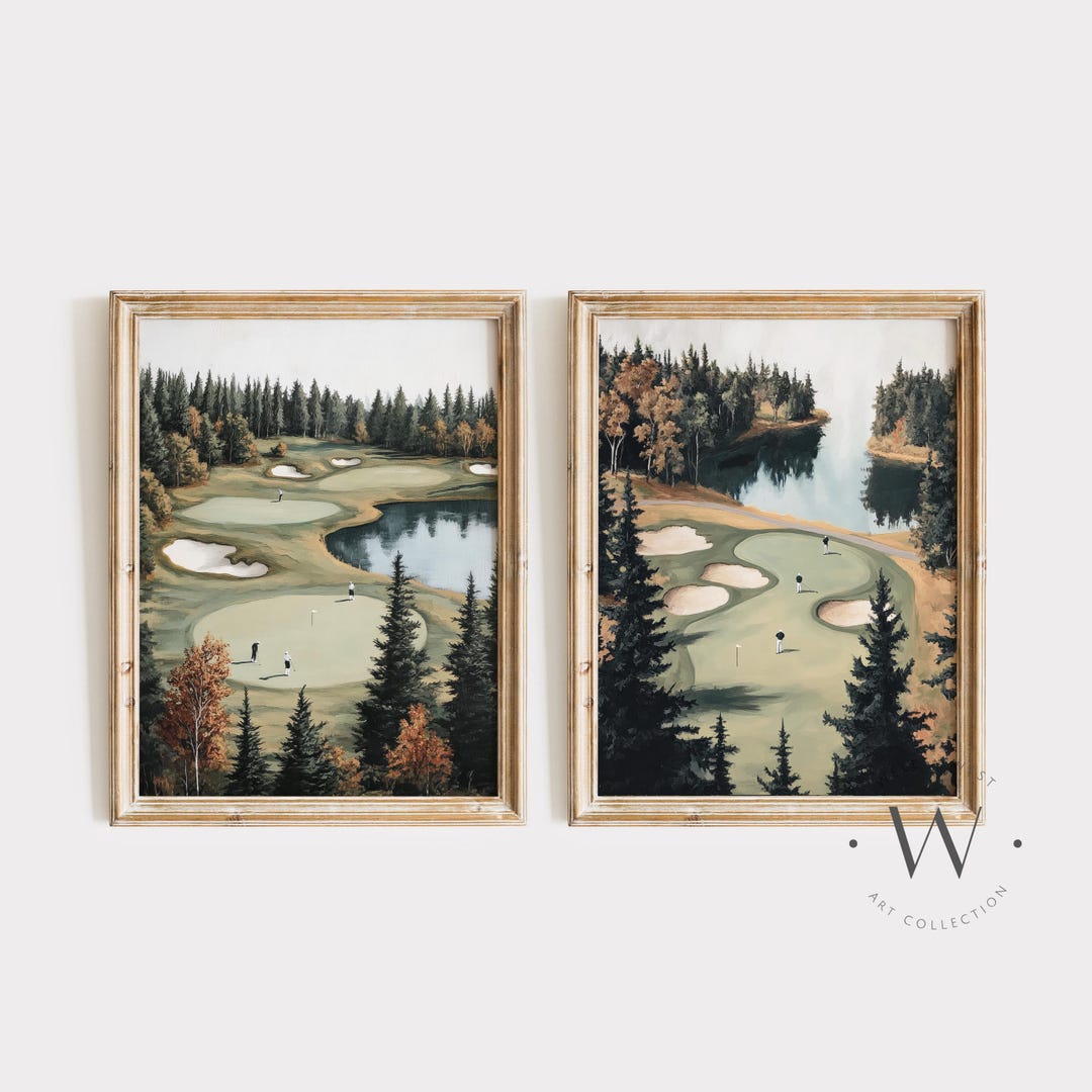 Tiny Golfers Set of Two | Vintage Style Golf Course | Autumn Art | Boys ...