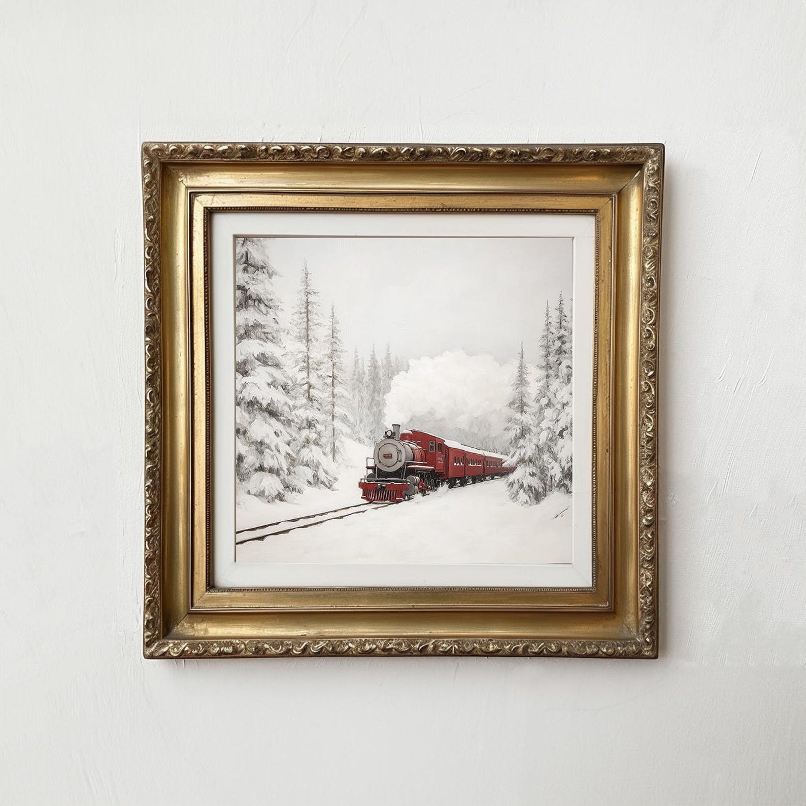 Vintage Style Train Print | Red Christmas Train in Snow | Winter ...