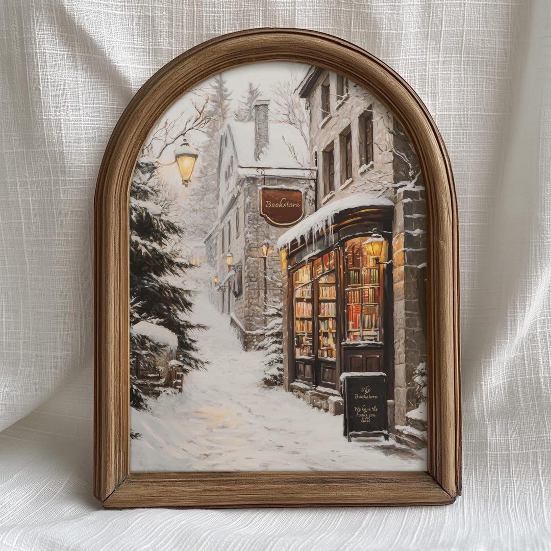 Winter Book Shop Print | Vintage Style Cozy Bookstore Wall Art ...