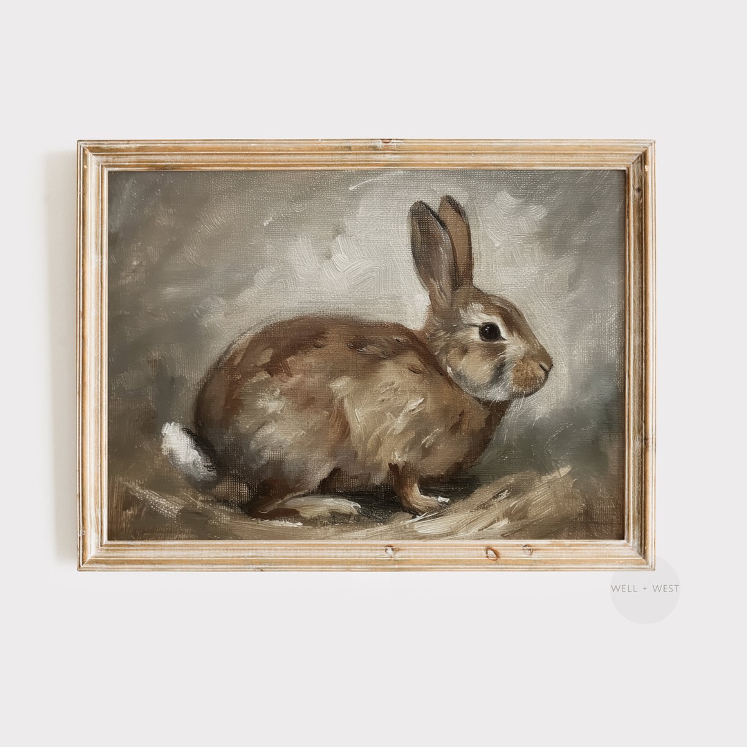 Vintage Rabbit Oil Painting Neutral Hare Artwork Woodland Nursery Decor ...