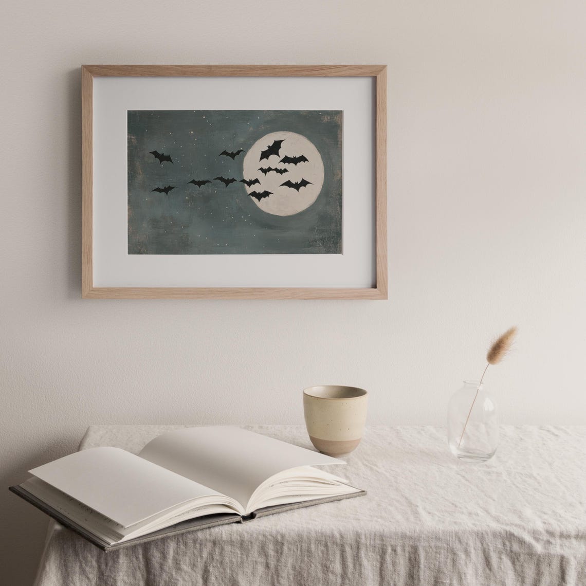Bats Print | Halloween Full Moon Painting | Muted Blue Sky | Antique ...