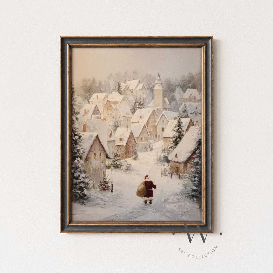 Santa Claus in Christmas Village Print: Vintage Style Neutral Holiday ...