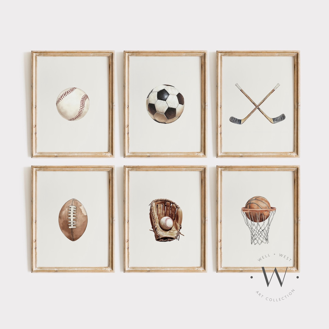 Sports Prints Set of 6 | Vintage Style Sport Illustrations | Baseball ...
