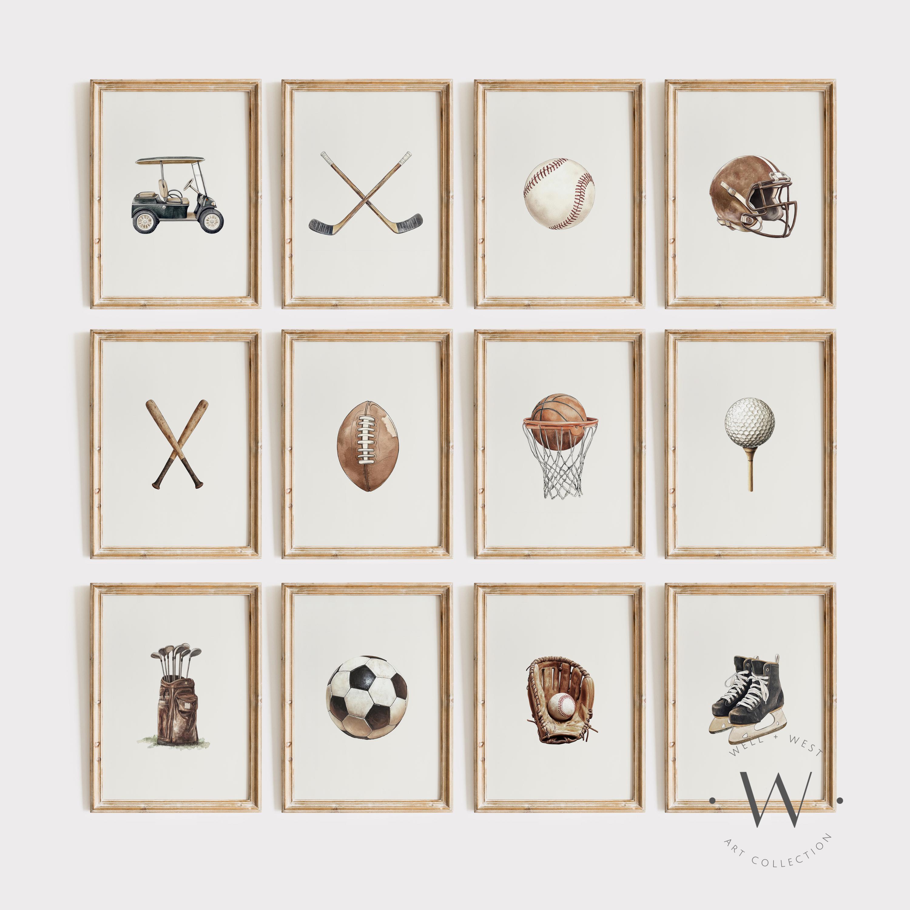 Sports Prints Set of 12 | Vintage Style Illustrations | Baseball ...