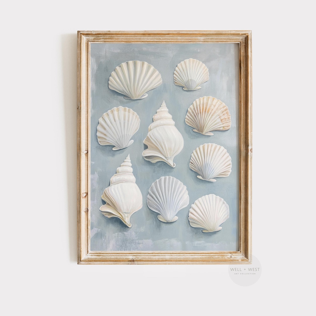 Seashells Print | Pastel Blue Beach Shells Painting | Coastal Bathroom ...