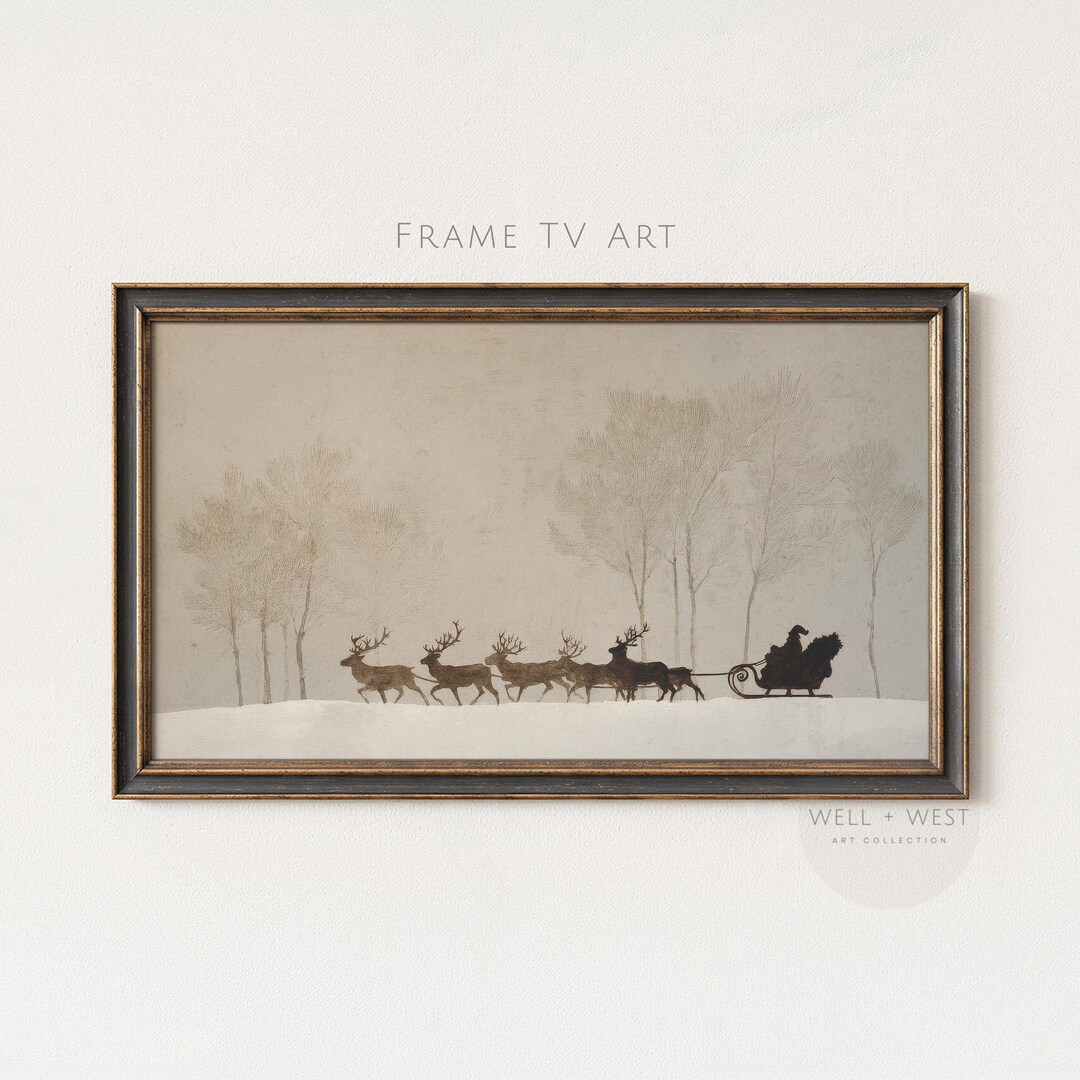 Vintage Style Santa Claus Sleigh & Reindeer TV Art: Neutral Christmas ...