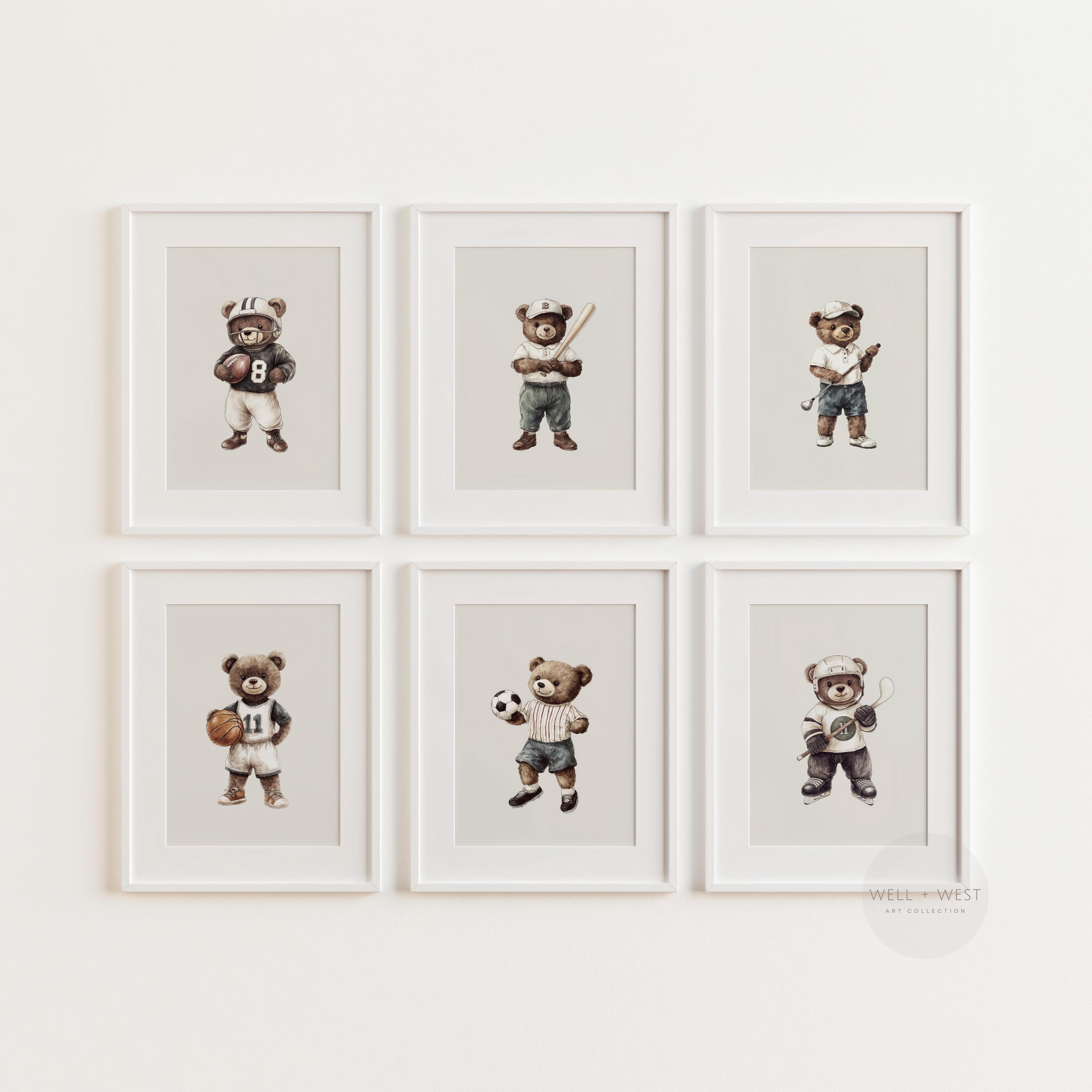 Teddy Bear Sports Set of Six | Boy's Room Watercolor Paintings ...
