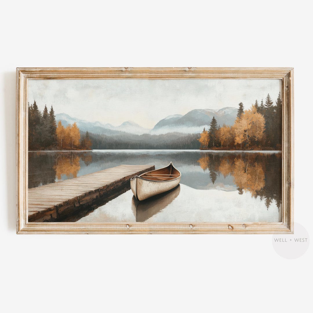 Fall Lake Frame TV Art | Autumn Landscape Painting | Canoe Boat TV Art ...
