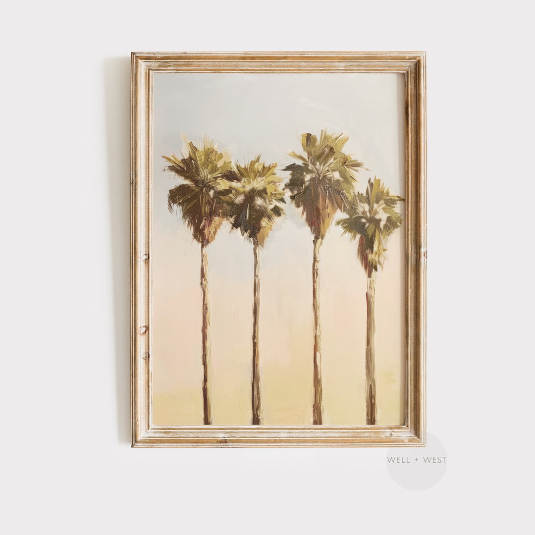 Vintage Beach House Wall Art Pastel Palm Tree Print Soft Tropical Oil ...