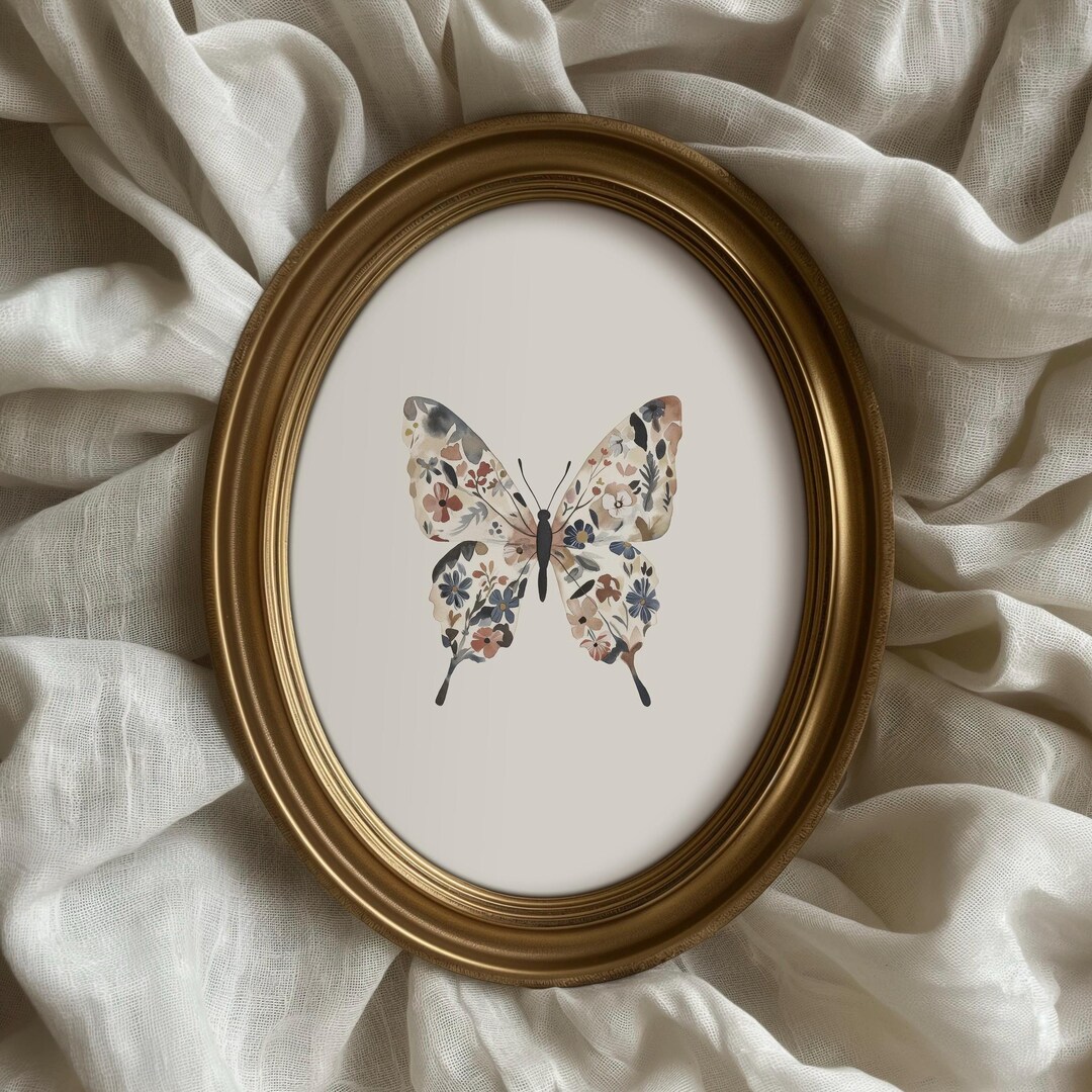 Vintage Butterfly Print | Floral Butterfly Painting | Navy Cottagecore ...