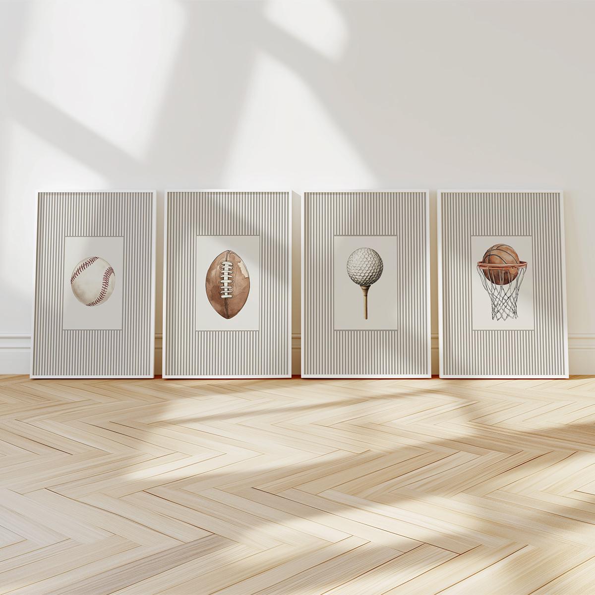 Set of Four Sports Ball Prints | Vintage Style Illustration | Baseball ...