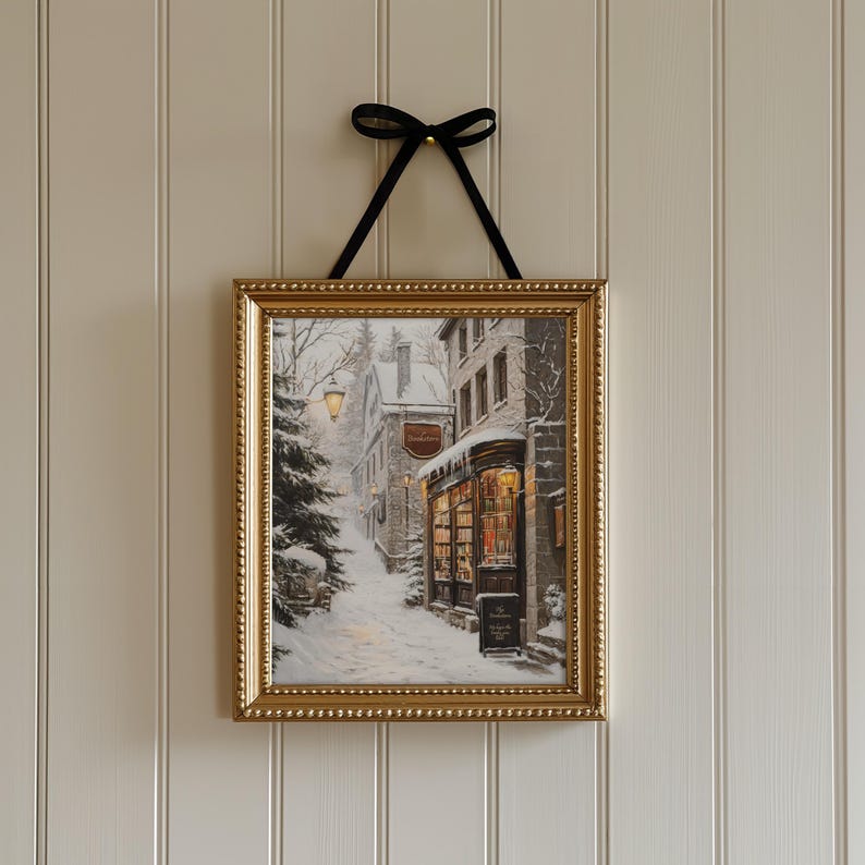 Winter Book Shop Print | Vintage Style Cozy Bookstore Wall Art ...