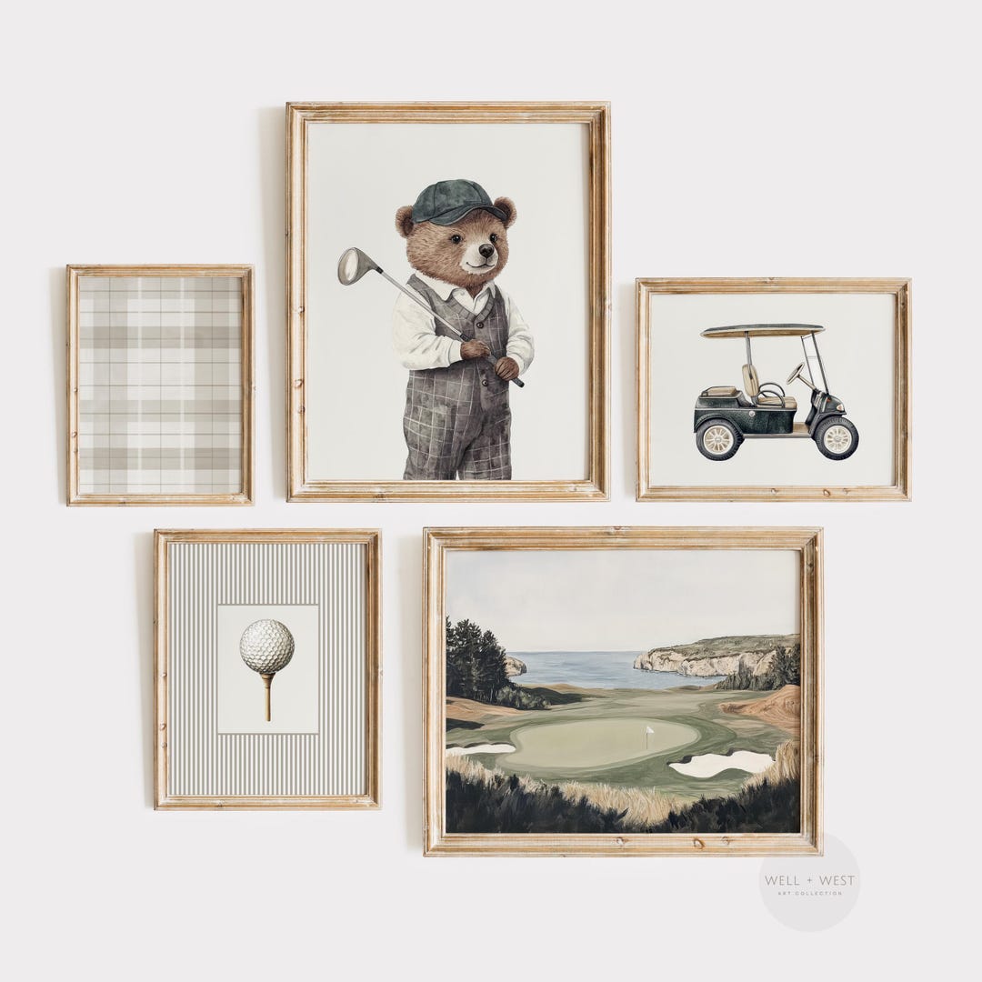 Golf Prints Set of Five | Vintage Style Golf Artwork | Bear Golfer ...