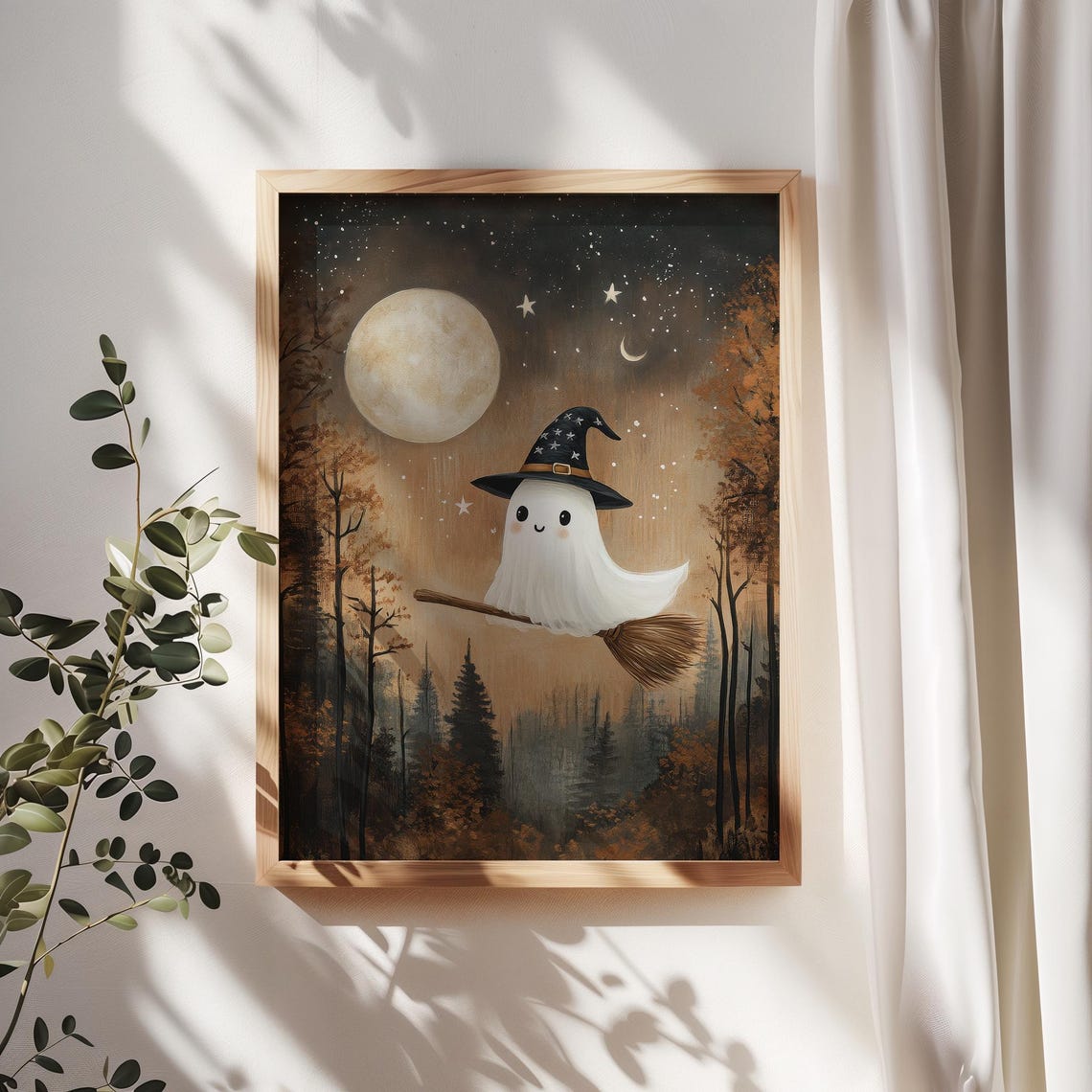 Cute Ghost Print | Vintage Style Ghost on Broomstick Painting ...