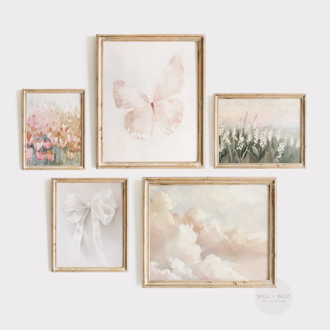Coquette Wall Art Set of Five | Wildflower Field Vintage Painting ...