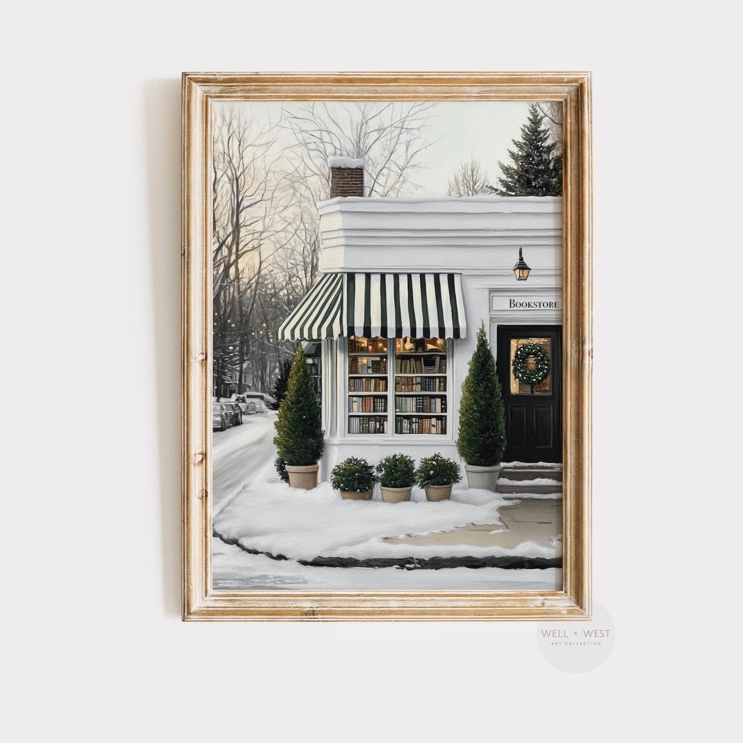 Winter Bookstore Print | Vintage Style Winter Book Shop | Reading Nook ...
