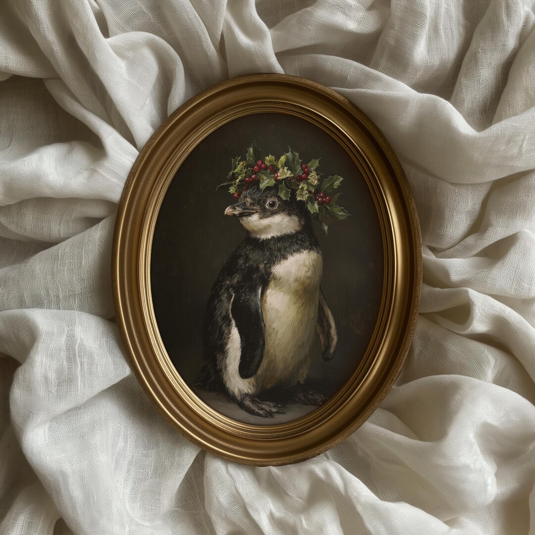 Christmas Penguin With Holy & Berries Print: Moody Vintage Style ...