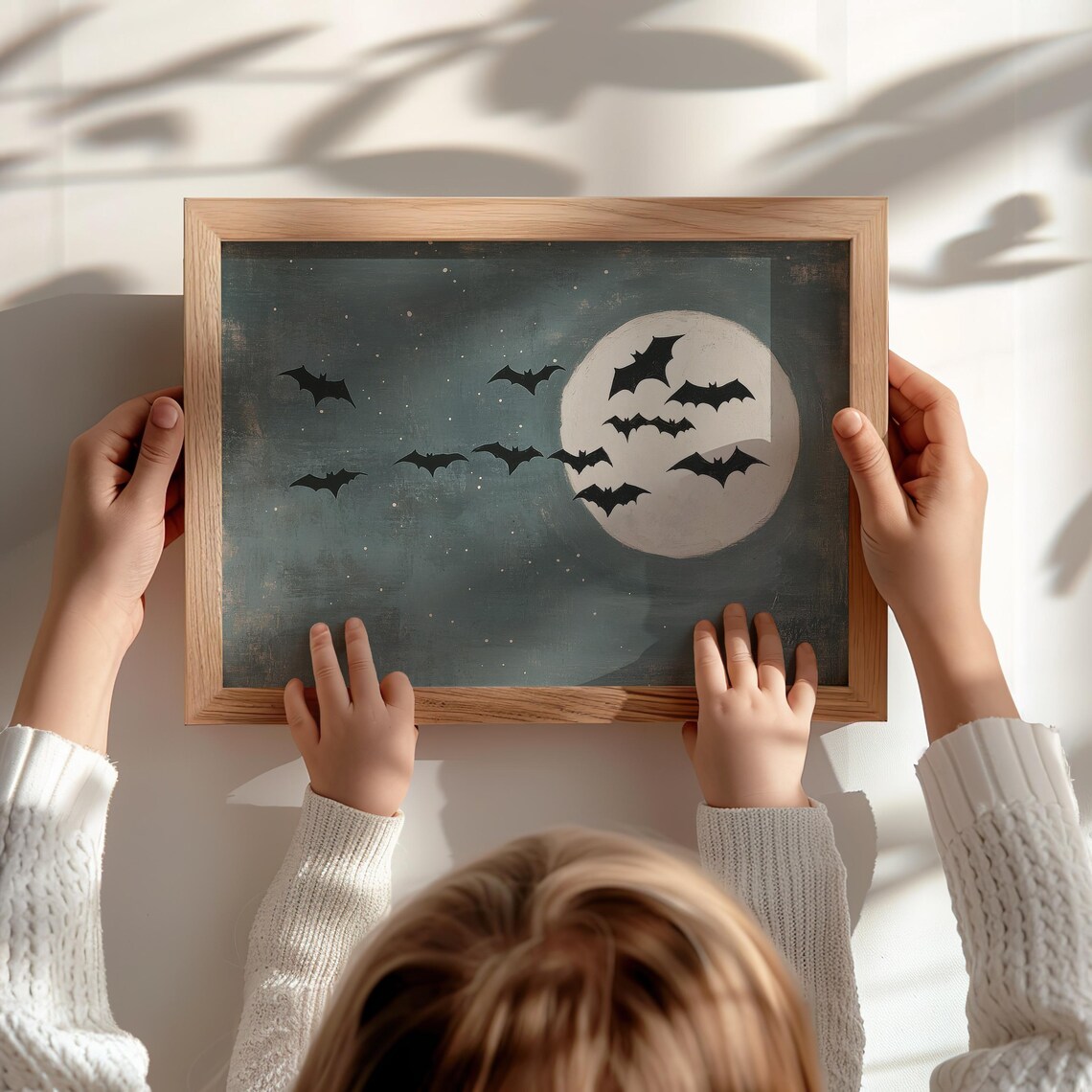 Bats Print | Halloween Full Moon Painting | Muted Blue Sky | Antique ...