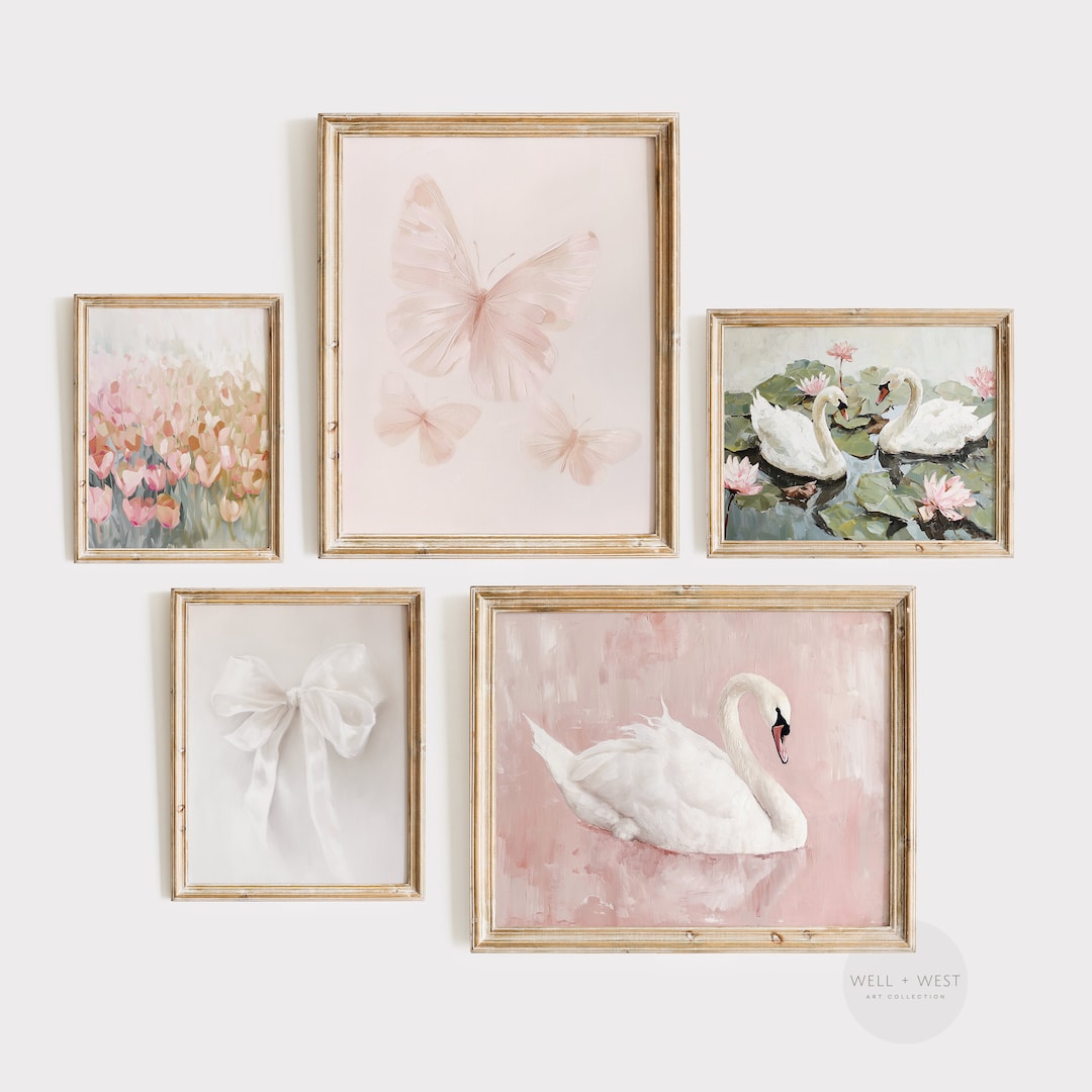 Coquette Wall Art Set of Five White Swan Vintage Painting Pastel Pink ...
