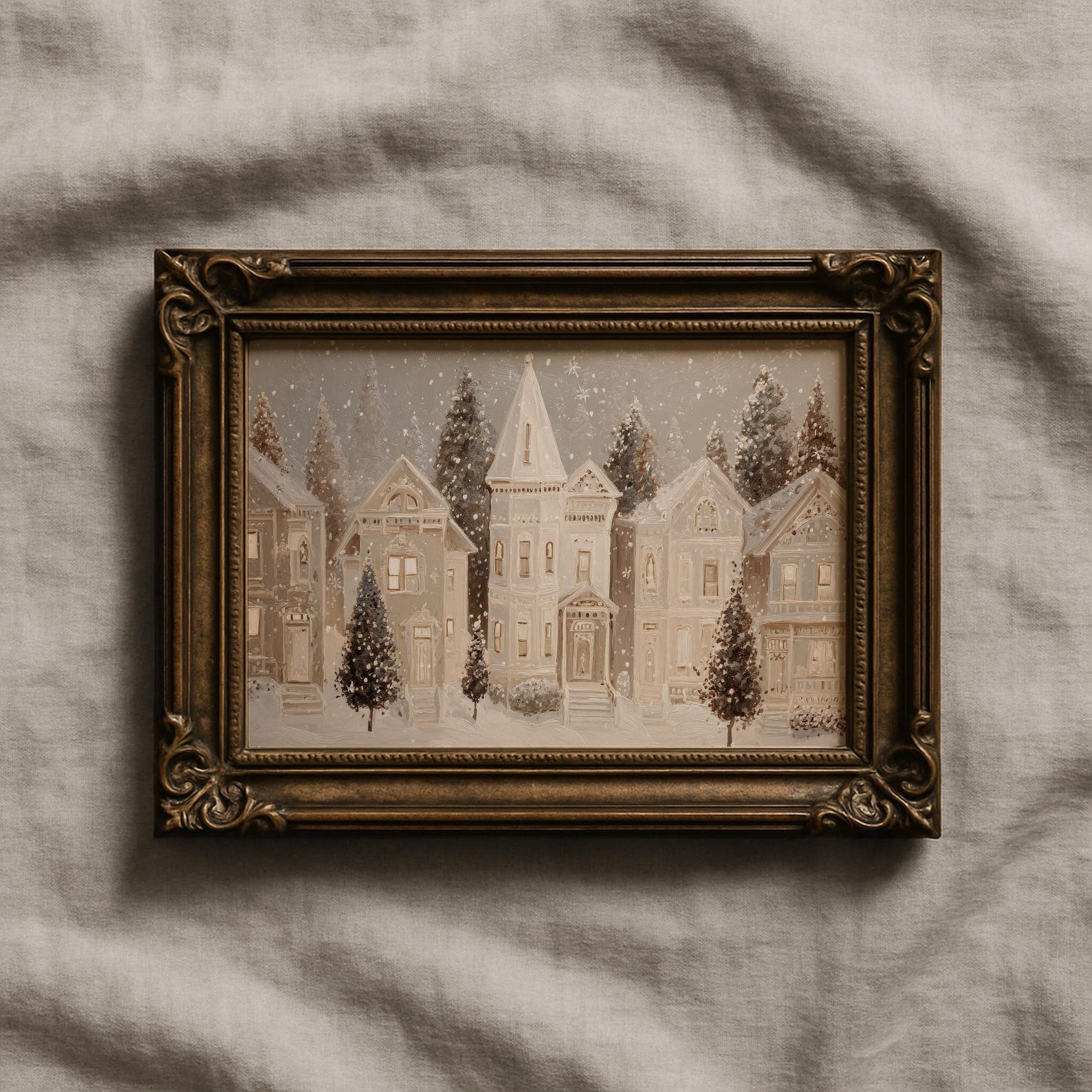 Neutral Christmas Village Print: Rustic Vintage Style Winter Holiday ...
