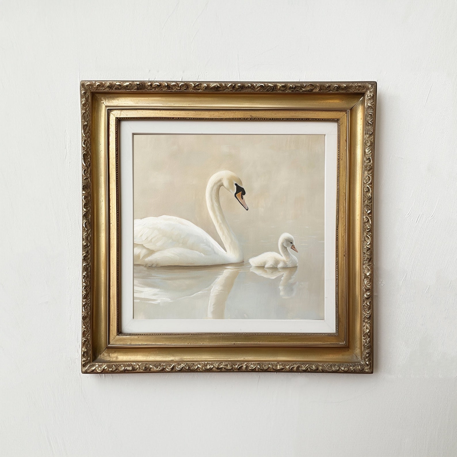Swan Art Print Antique White Swan Painting Neutral Nursery Artwork ...