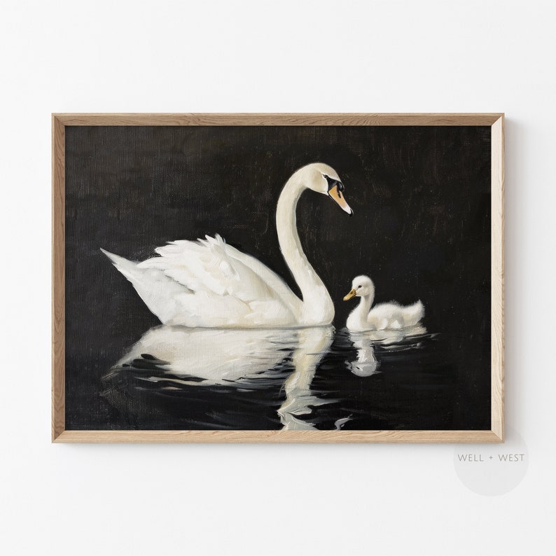Dark Moody Swan Print Vintage White Swans Oil Painting Antique Swan ...