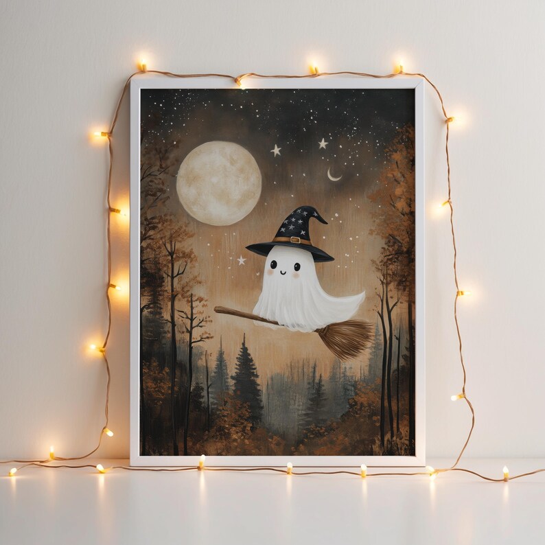 Cute Ghost Print | Vintage Style Ghost on Broomstick Painting ...