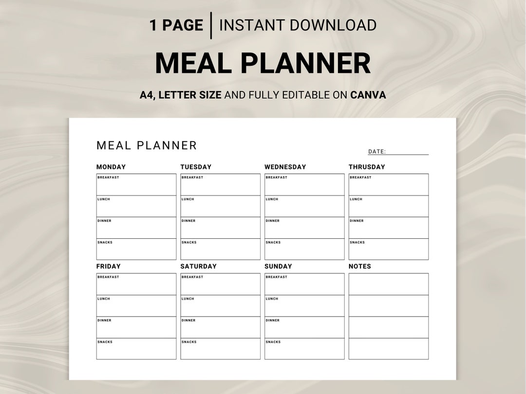 Printable Weekly Meal Planner Landscape, Food Diary, Meal Planner ...