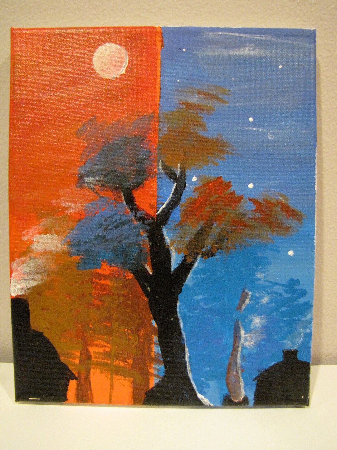 8x10 Canvas Painting - Tree Half Day Half Night Landscape. Orange and ...