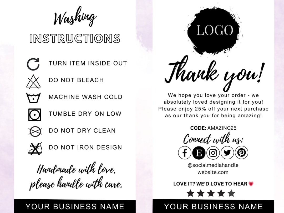 Editable Washing Instructions Card Template, Printable Clothing Care ...