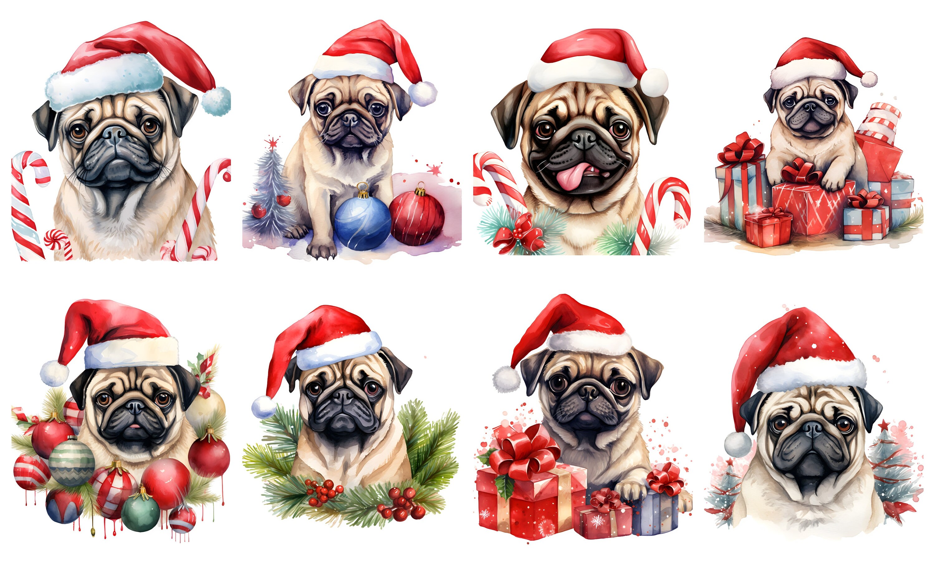 Pug Clipart Christmas Pug Dog Pug Svg Cute Pug Png Digital Transparent ...