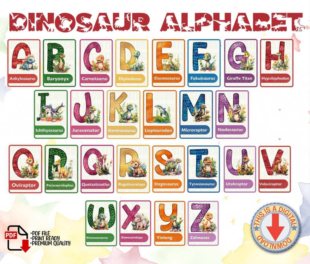 Printable Dinosaur Alphabet Kids Flashcards, Dino Jurassic ABC Learning ...