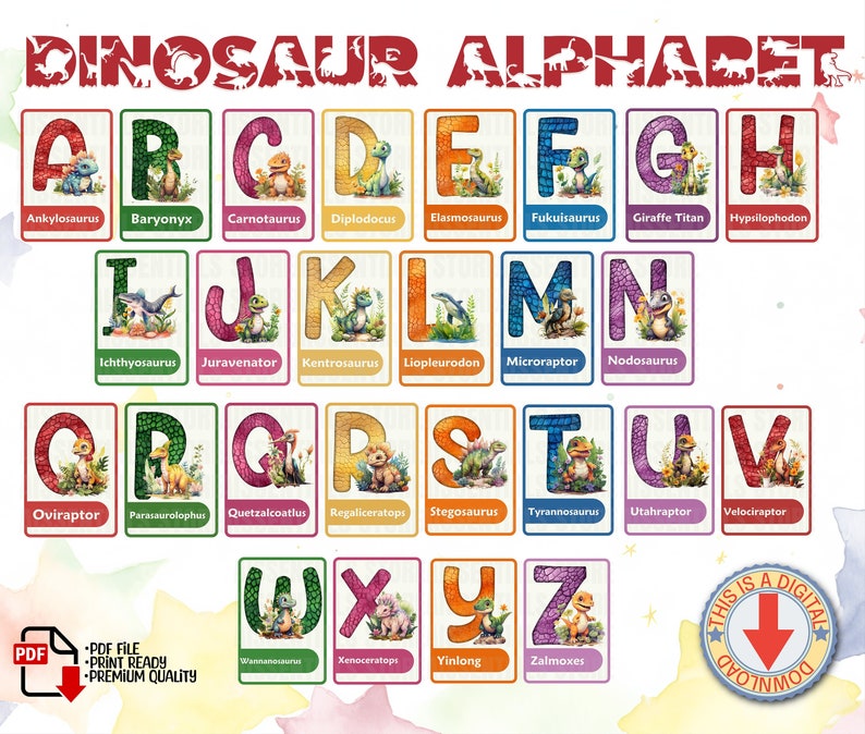Printable Dinosaur Alphabet Kids Flashcards, Dino Jurassic ABC Learning ...